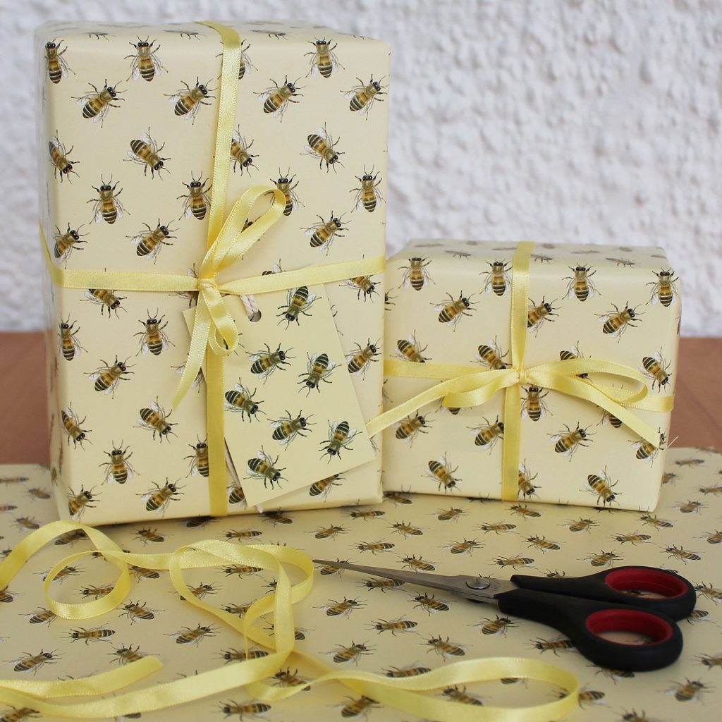 Honey Bee Gift Wrap, Insect Wrapping Paper, Full Size Sheets and Tags