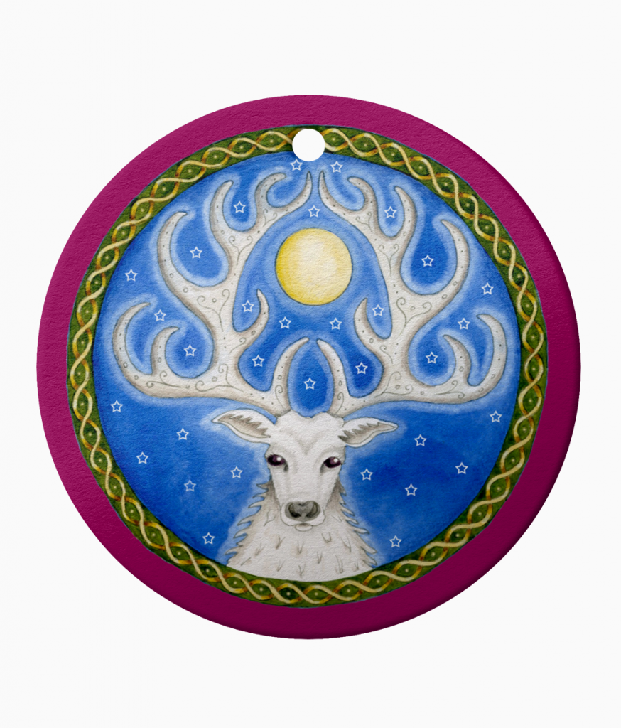 Ceramic Ornament White Stag Celtic Hanging Christmas Bauble - Rie Designed